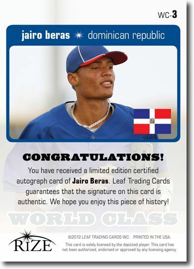 JAIRO BERAS 2012 Rize Rookie Autograph RED Auto WORLD CLASS RC #/10 | eBay