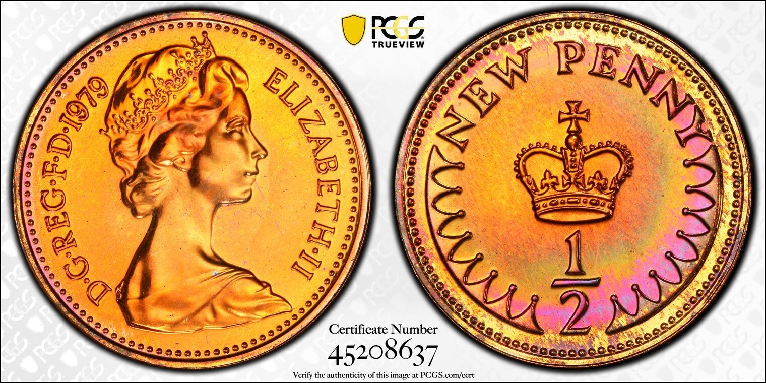 PR68RB 1979 Great Britain 1/2 Penny Proof, PCGS- Rainbow Toned Solo Top ...