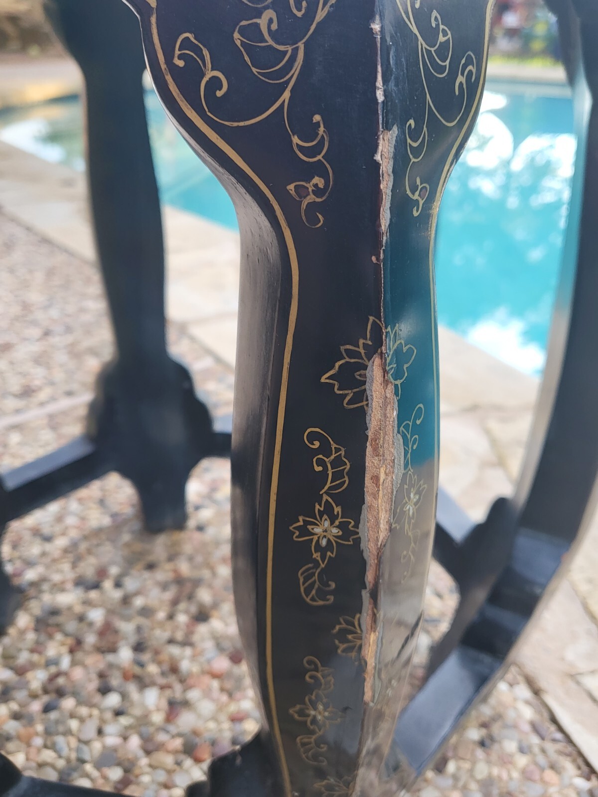 Vtg Chinoiserie Black Lacquer MOP Shell Inlay Oriental Drum Stool ...