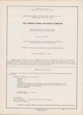 1942 PRR Pennsylvania Railroad Ticket Classes Blind Inmates Clergy Rail ...