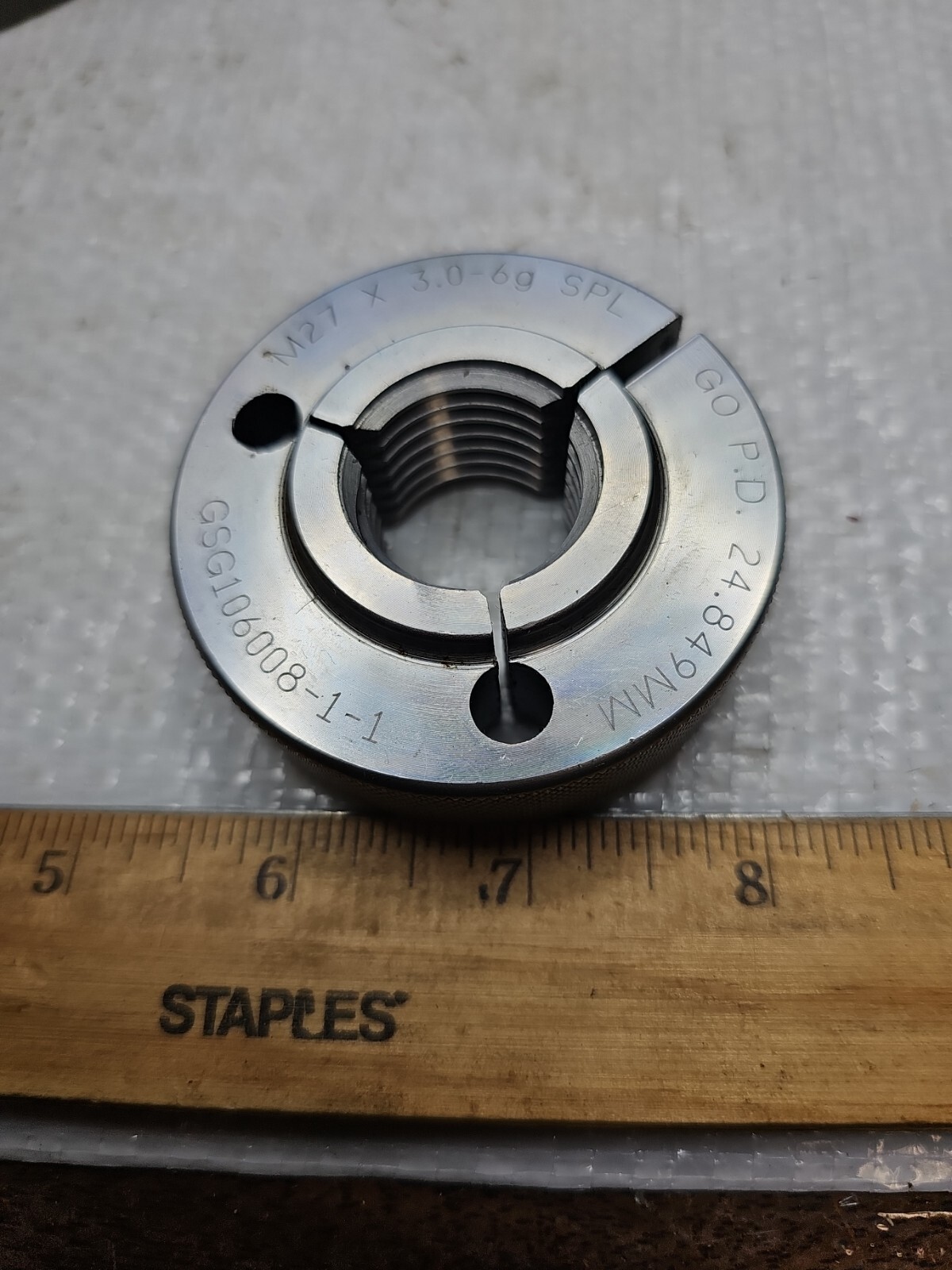 M27 X 3.0 6g SPL METRIC THREAD RING GAGE GO ONLY P.D. = 24.849 ...