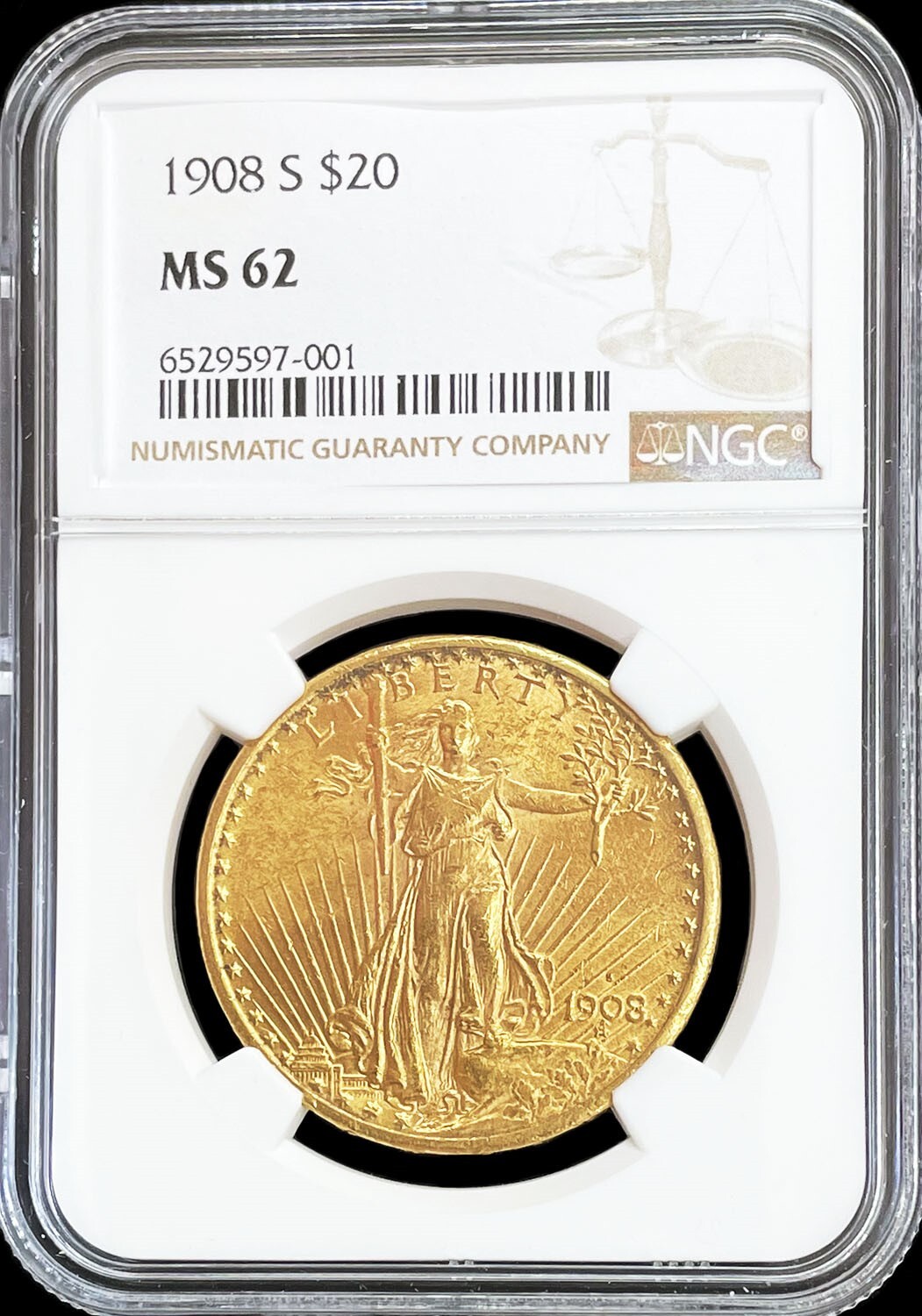 1908 S GOLD NGC MINT STATE 62 USA $20 DOLLAR SAINT GAUDENS RARE DATE ...