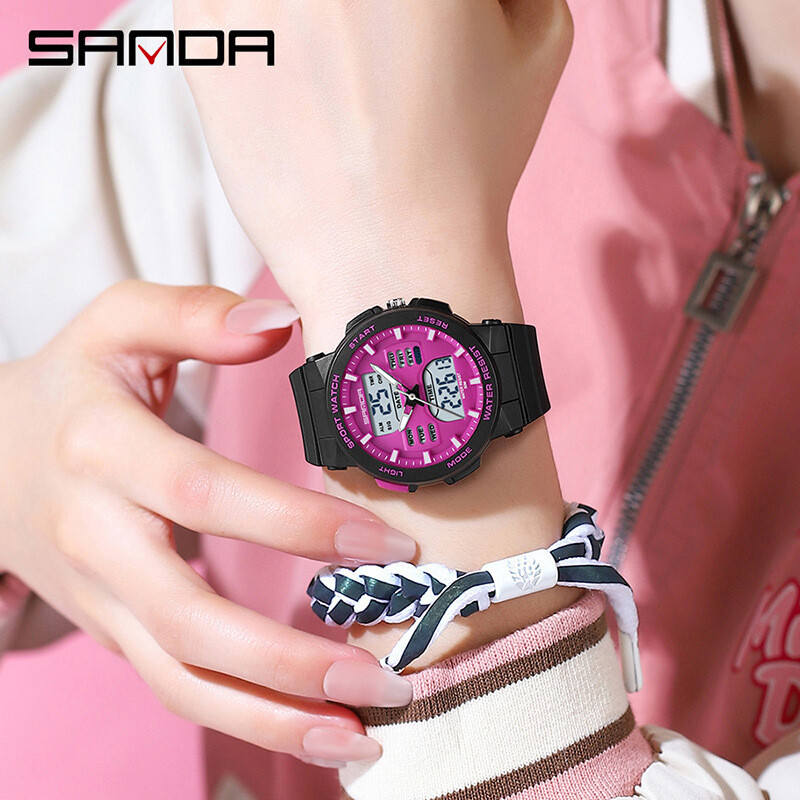 Sanda Couple Watch Dual Display Electronic Multi functional Waterproof ...