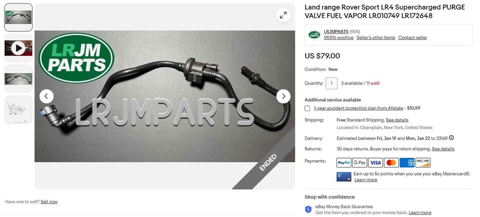 Land range Rover Sport LR4 Supercharged PURGE VALVE FUEL VAPOR LR010749 ...