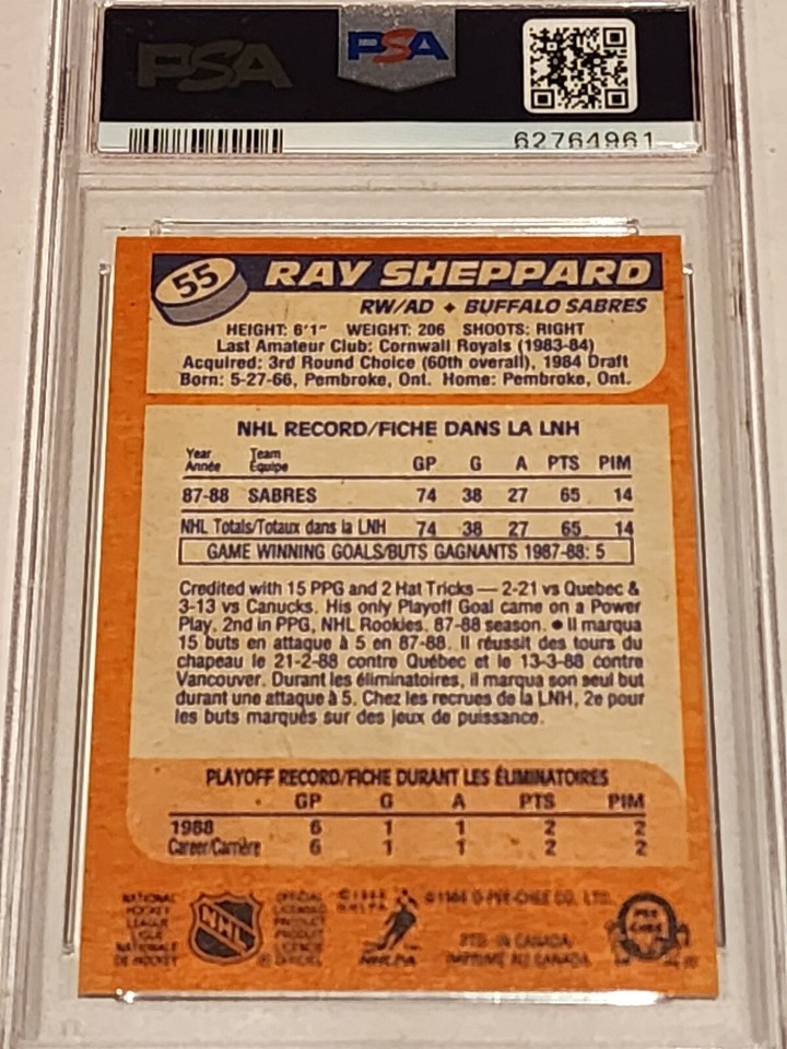 1988 O Pee Chee #55 Ray Sheppard Rookie RC PSA 8 NM-MINT 50 Goal Scorer ...