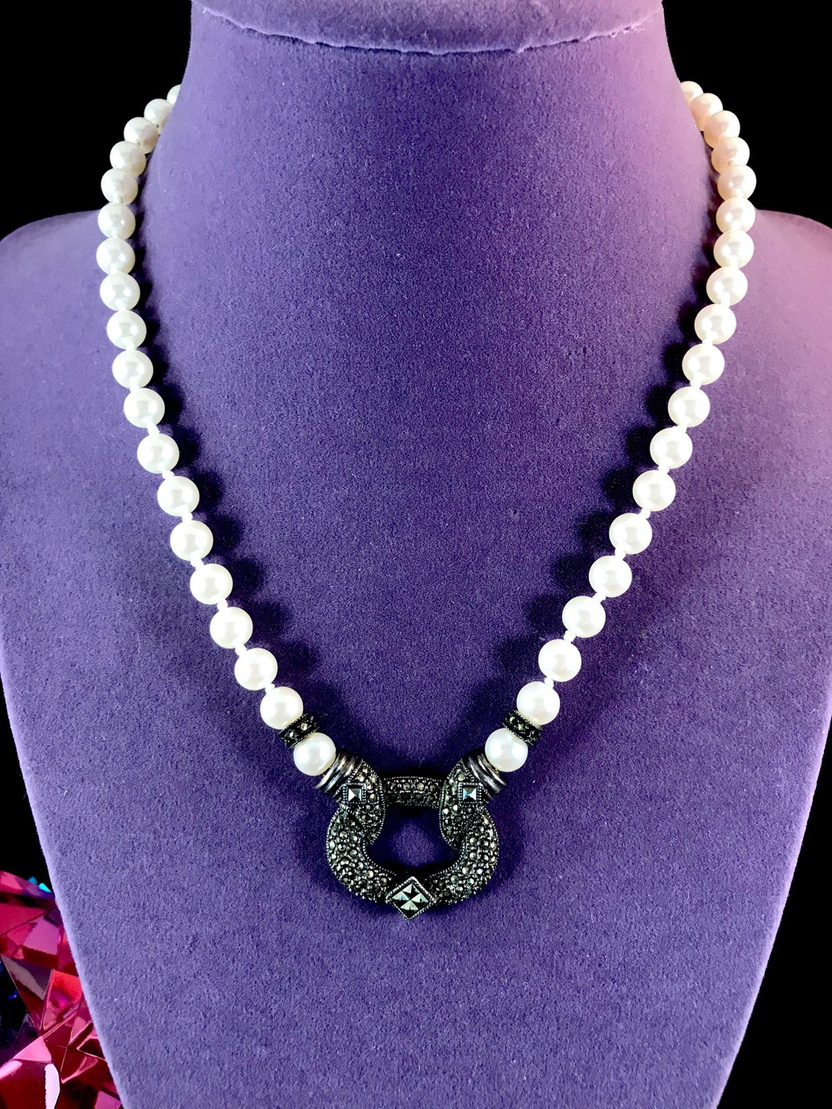 GORGEOUS SIGNED JUDITH JACK FAUX PEARL NECKLACE STERLING MARCASITE ...