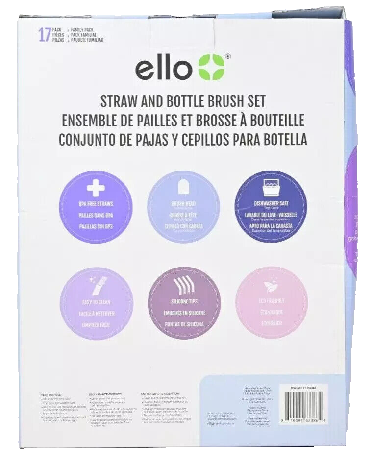 Ello Straw & Bottle Brush Reusable Stainless Steel Silicone Tips Purple ...