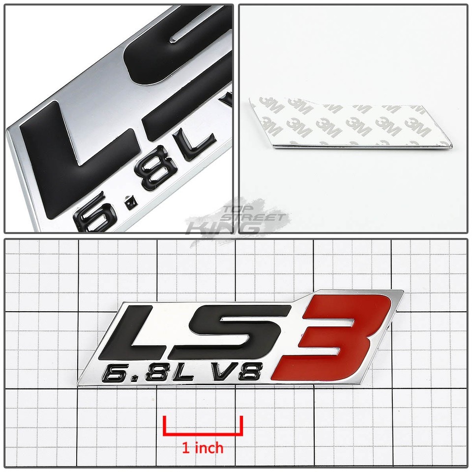 SILVER "6.8L LS3" BLACK & RED LETTER LOGO TRIM BADGE METAL EMBLEM DECAL ...