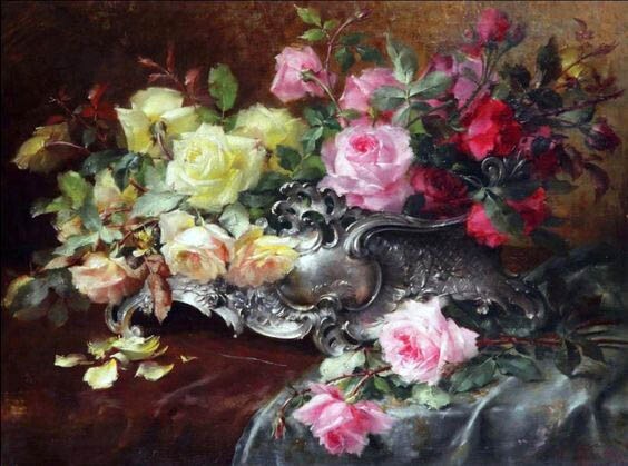 Art Oil painting Jean Baptiste Robie Belgian painter Flowers rose on ...