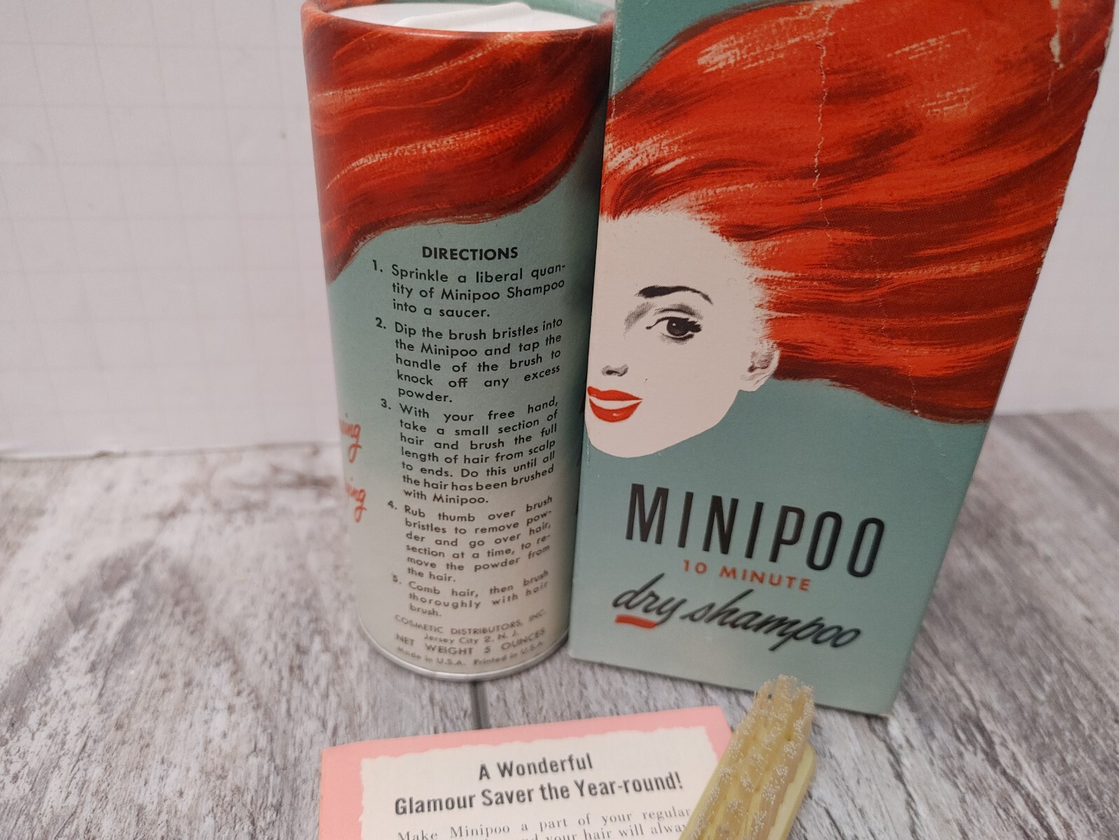 Vintage Minipoo dry shampoo shaker, box, brush instructions | eBay