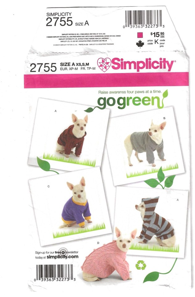 Simplicity Dog Pattern 2755 Dog Knit Clothes in 3 Sizes XS S M Stretch Knits | eBay