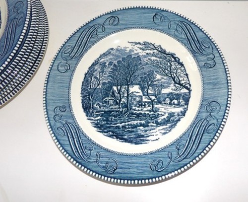 Set of 8 Royal Currier & Ives The Old Grist Mill 10” Dinner Plates Blue ...