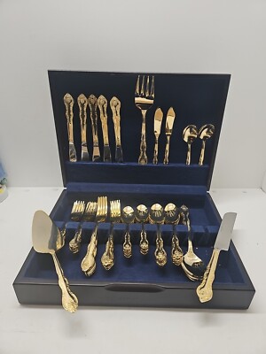 International China 63pc Set Gold Plated Flatware Silverware China In ...