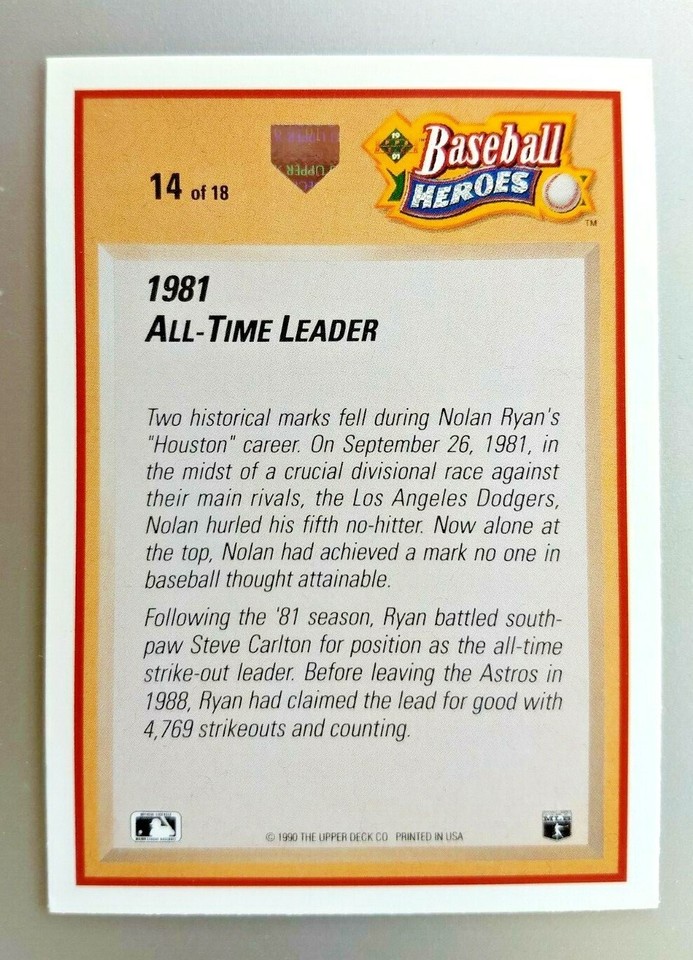 1990 UPPER DECK NOLAN RYAN INSERT CARD#14 NM-MT ANGELS METS RANGERS ...