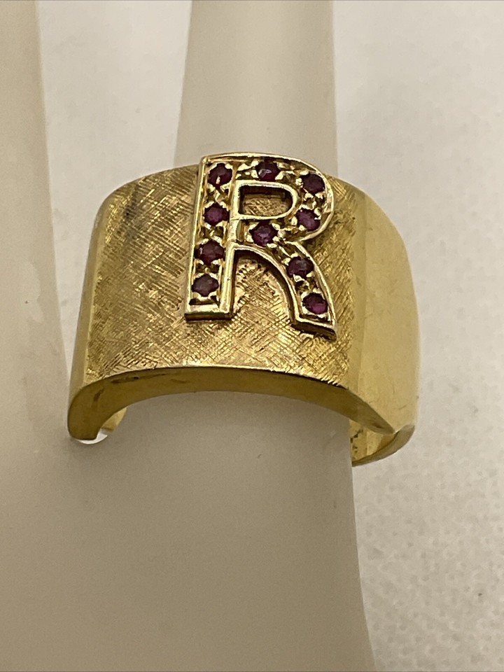 Solid 18K Yellow Gold Ruby Accents INITIAL LETTER “R” MEN’S SIGNET Ring ...