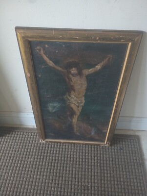 Antique Unsigned Jesus/Inri Oil On Canvas Painting Needs Restoration ...