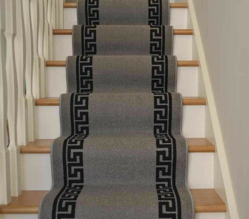 Grey Carpet Runner Mat Greek Key Bordered Wide Hall Stairs Non Slip ...