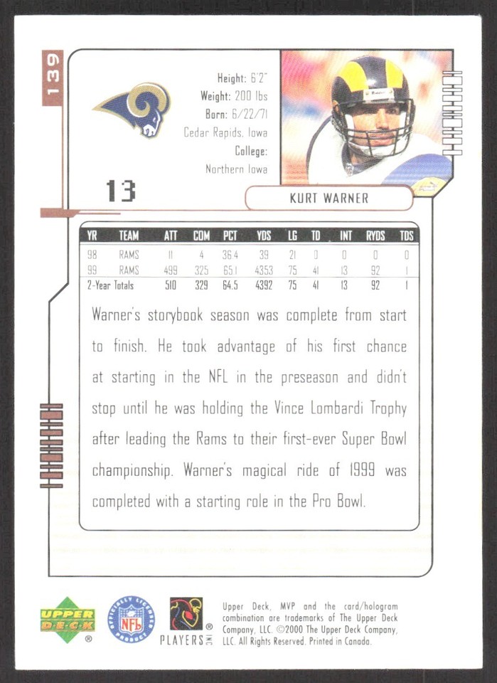 2000 Upper Deck MVP Kurt Warner St. Louis Rams #139 | eBay