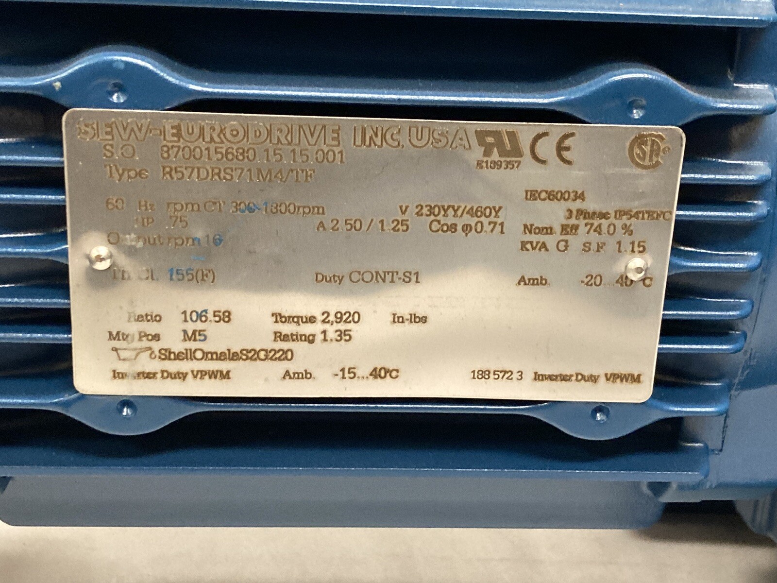 Sew Eurodrive,R57DRS71M4/TF,Gearmotor 3/4 HP 300-1800 RPM Ratio 106.58 ...