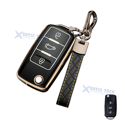 Set Black Full Protect Fold Key Fob Shell w/Keychain For VW Jetta Eos ...