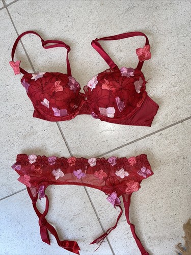 NEW! Valentines Barbara Red Floral Lace Demi Underwire Bra 34B + Garter ...