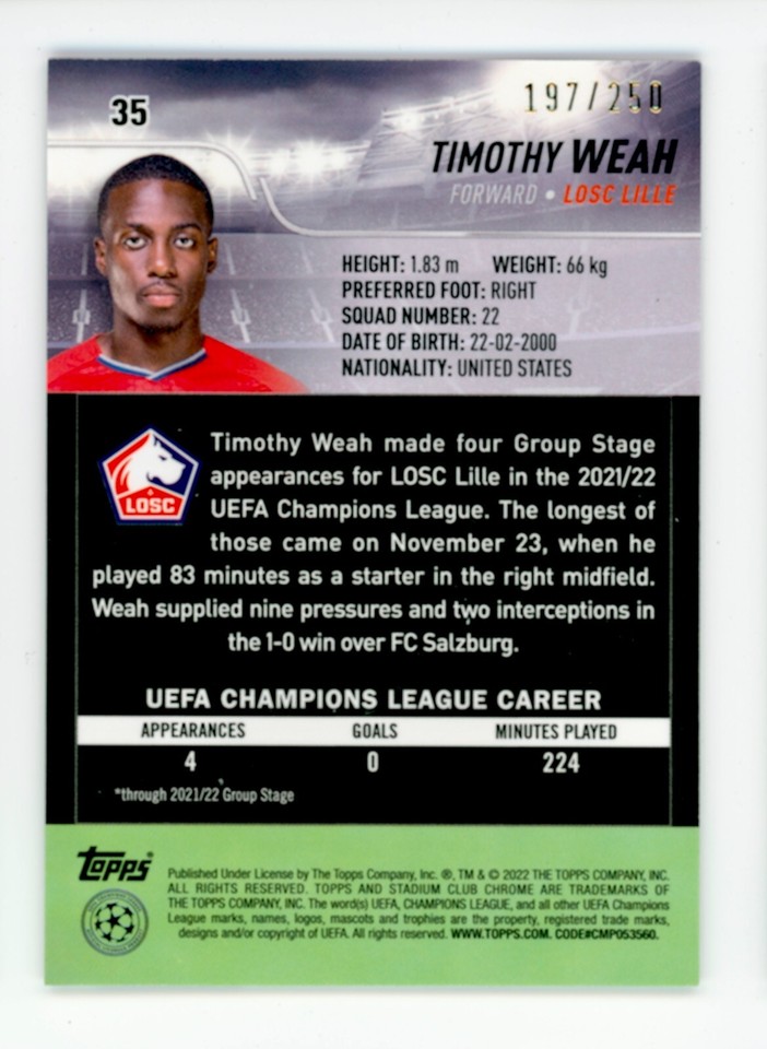 2021-22 Timothy Weah Topps Stadium Club Chrome Green Wave Refractor ...