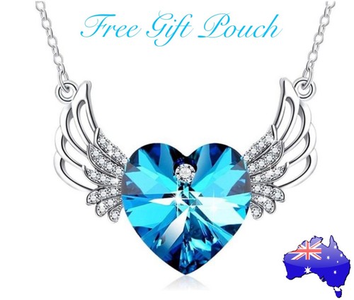 Rainbow Purple or Blue Crystal Love Heart Angel Wings Silver Pendant ...