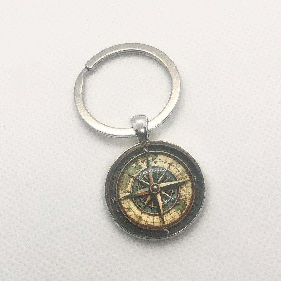 Vintage Compass Keychain Antique Look Metal Key Ring Silver Color Small ...