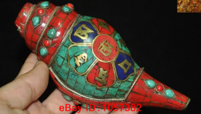 Tibetan Buddhism conch shell Inlay turquoise Red Coral Conch Trumpet ...