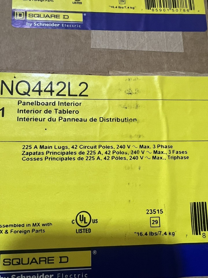 Square D NQ442L2 225 Amp 42Circuit MLO Panel Panelboard Interior 208 ...