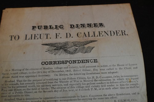 1847 Public Dinner for Lt Callender, Hero of War with Mexico, Manlius ...