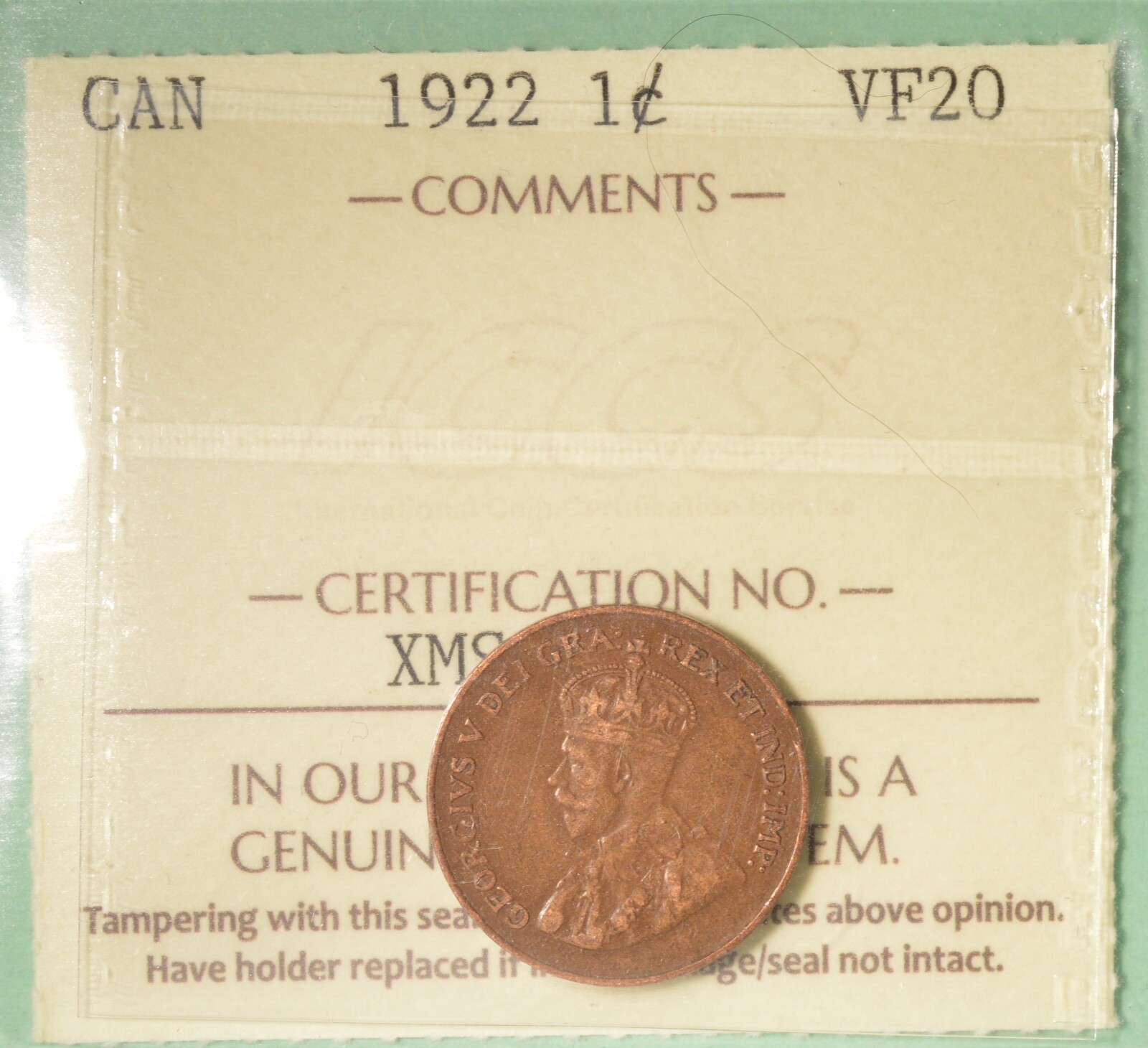 1922 Canada Penny - Graded - ICCS VF-20 Serial #XMS-843 | eBay