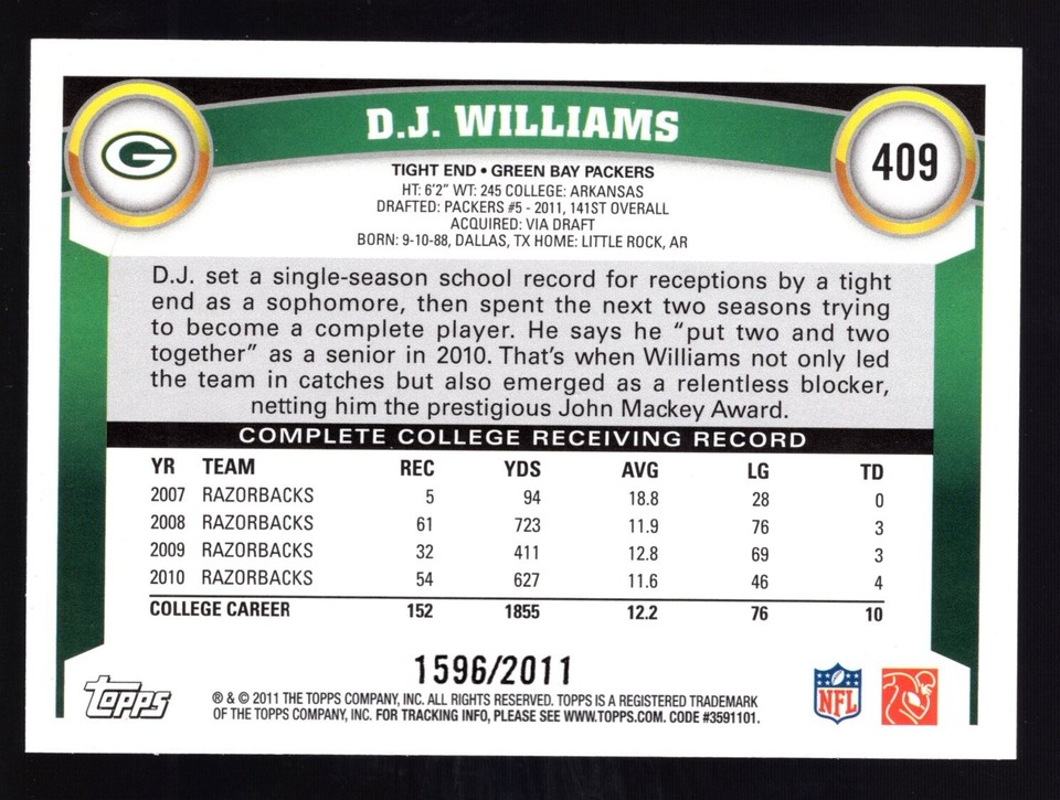 2011 TOPPS GOLD D.J. WILLIAMS ROOKIE CARD #409 **NM-MT** SERIAL #1596/ ...