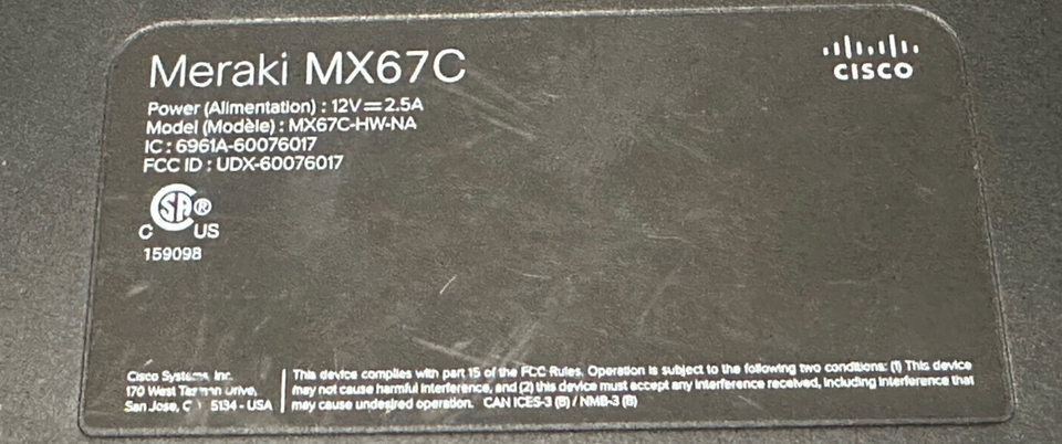 Cisco Meraki MX67C-HW-NA Network Security Appliance | eBay