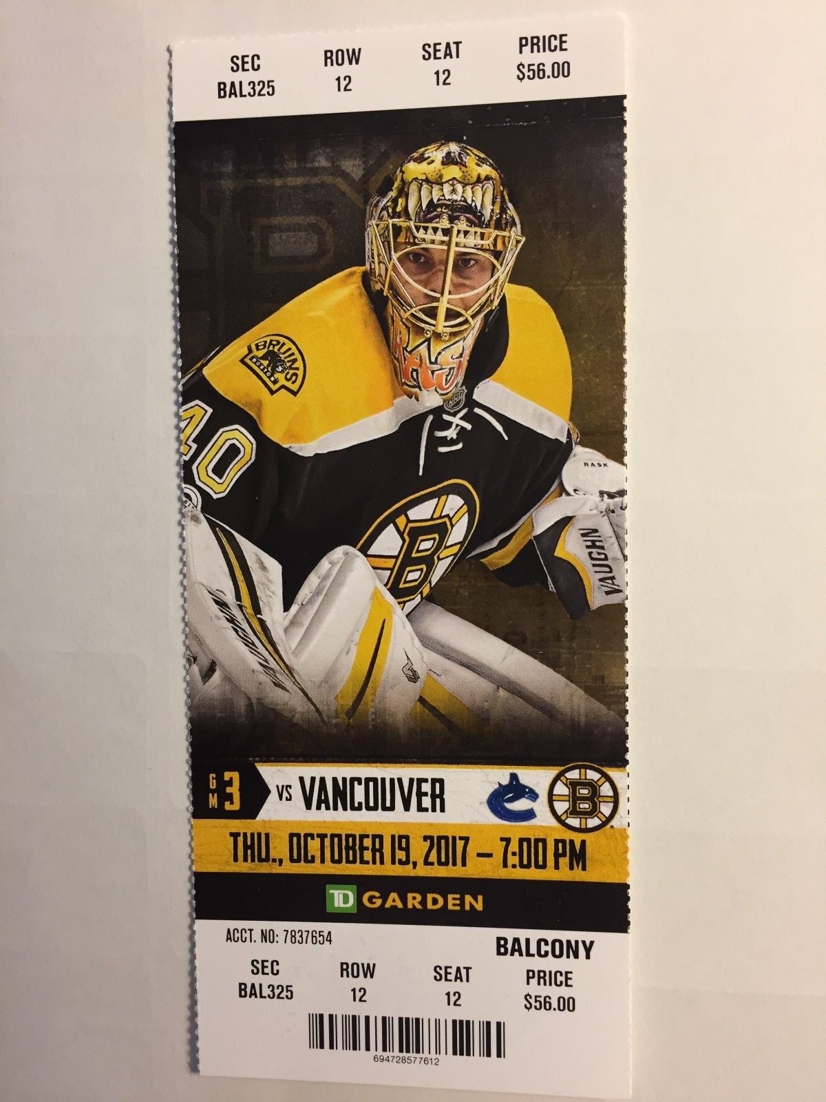 BOSTON BRUINS VS VANCOUVER CANUCKS OCTOBER 19, 2017 TICKET STUB | eBay