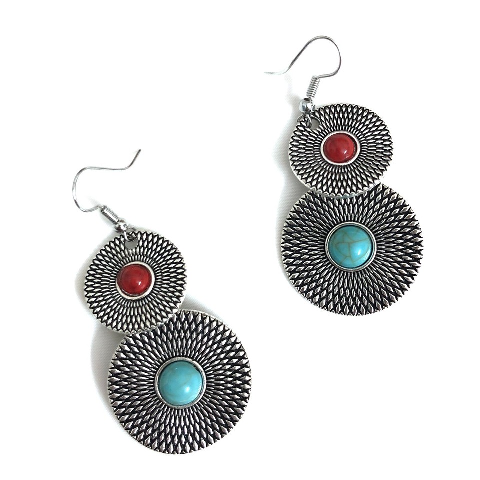 Double Disc Dangle Earrings Red & Blue Stones Vintage Textured Metal ...