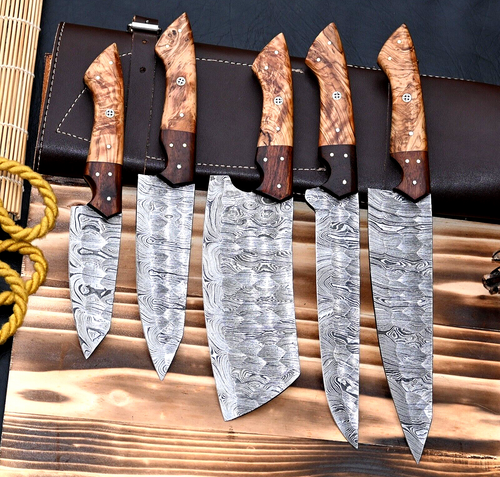 Custom Handmade FORGED DAMASCUS STEEL Kitchen CHEF SET W Leather Bag ...