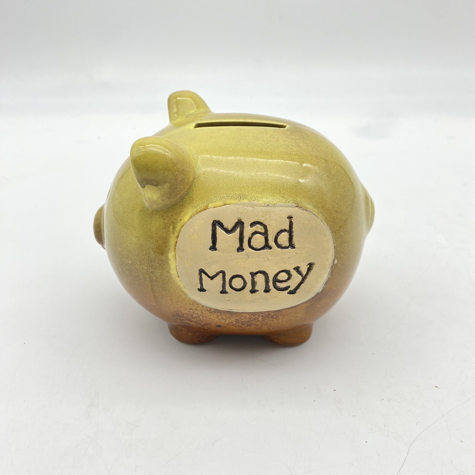 Pig Piggy Bank Mad Money Coin Ceramic Greenish Brown glaze NO Stopper ...