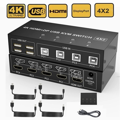 4 Port HDMI +DisplayPort DP USB KVM Switch Dual Monitor 4K 60Hz 4X2 KVM ...
