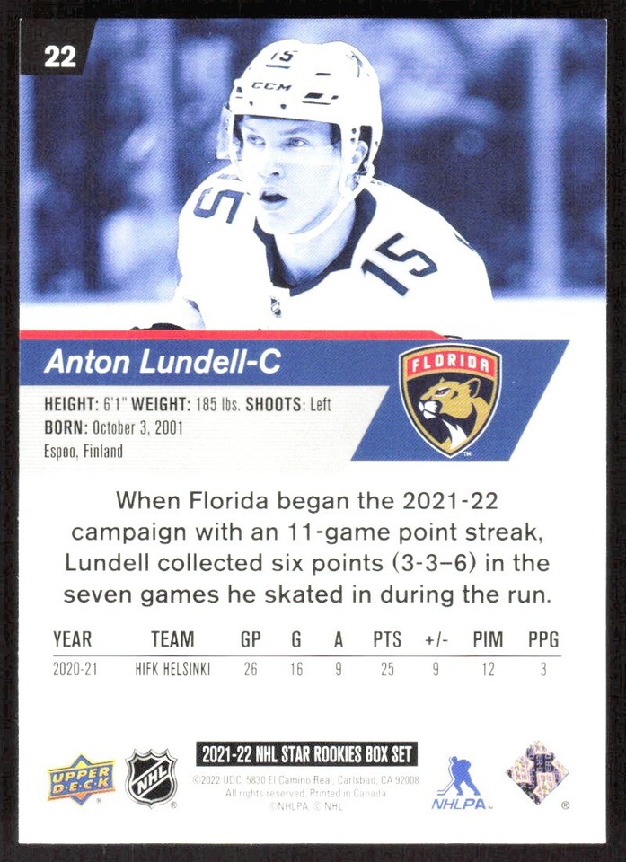 2021-22 5102B Upper Deck Deck NHL Star Rookies Box Set Anton Lundell ...