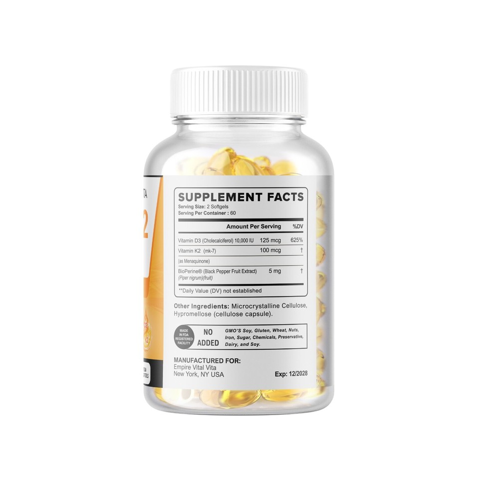 Vitamin D3 10,000 IU K2 MK7 100 mcg, Vit D and K Supplement 240 ...