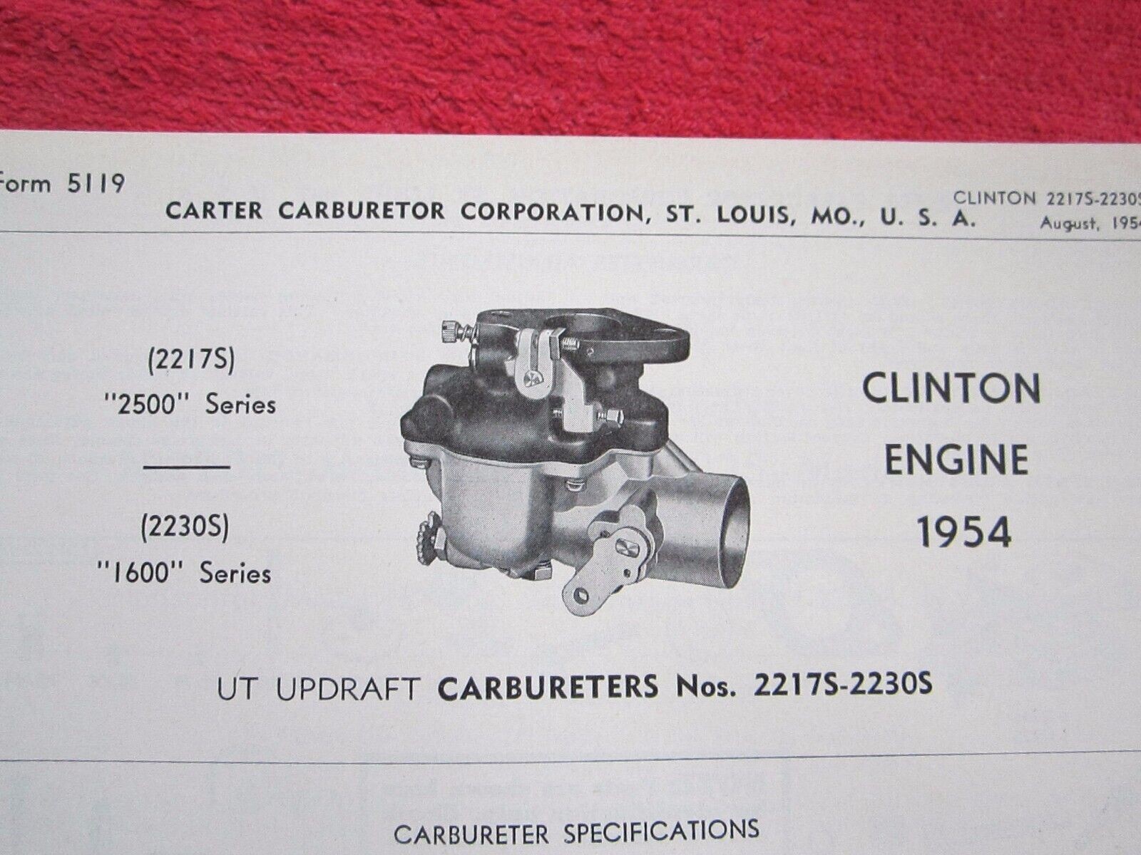 1954 CLINTON 2500 & 1600 Series, UT UPDRAFT CARTER CARBURETOR SPEC ...