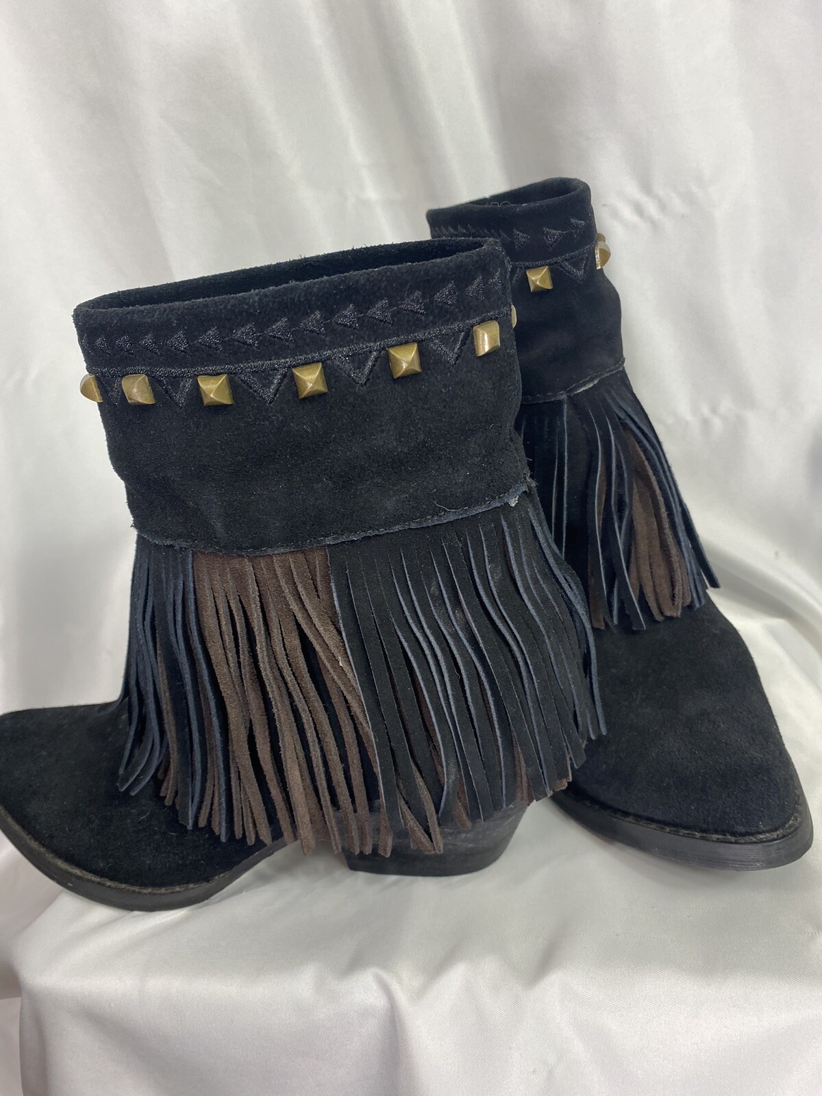 Sbicca Womens Sound Suede Black Fringe Stacked Heel Booties Boots Size ...