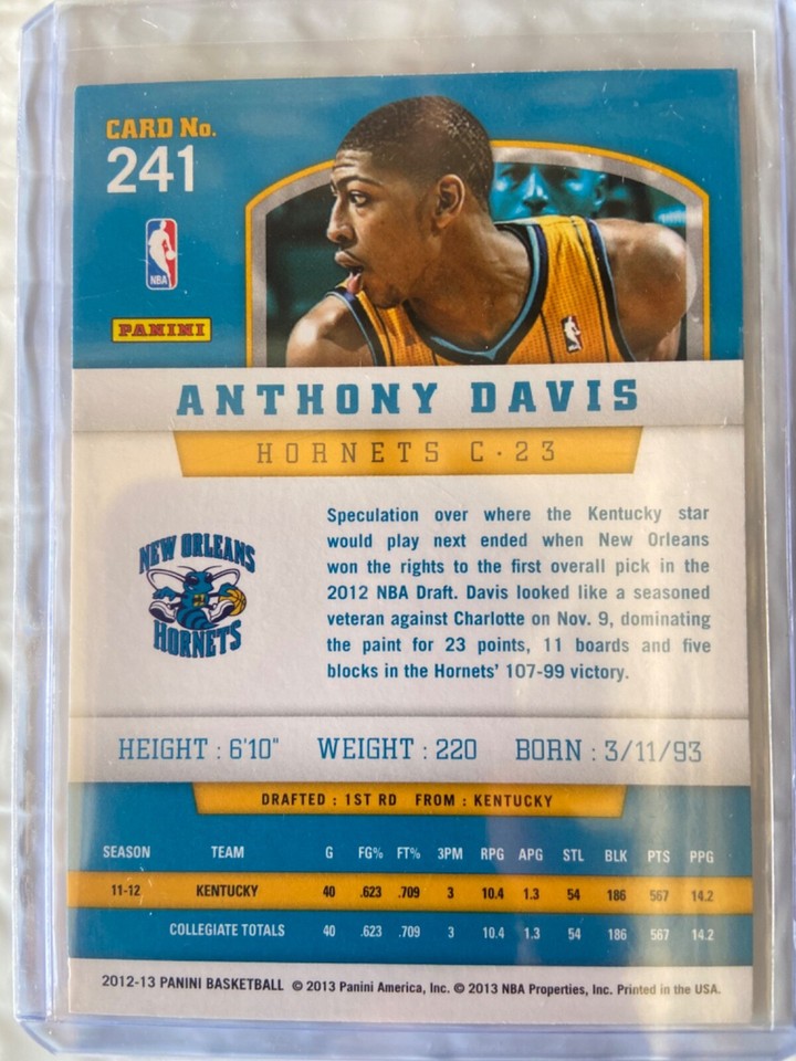 2012-13 Panini Basketball Anthony Davis Rookie Card #241 New Orleans ...