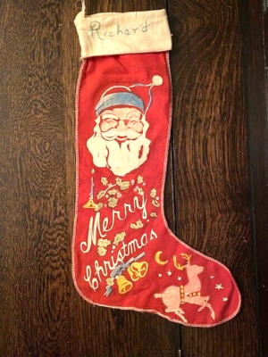 VINTAGE CHRISTMAS FELT STOCKING EMBROIDERED 'RICHARD' HAND PAINTED | eBay