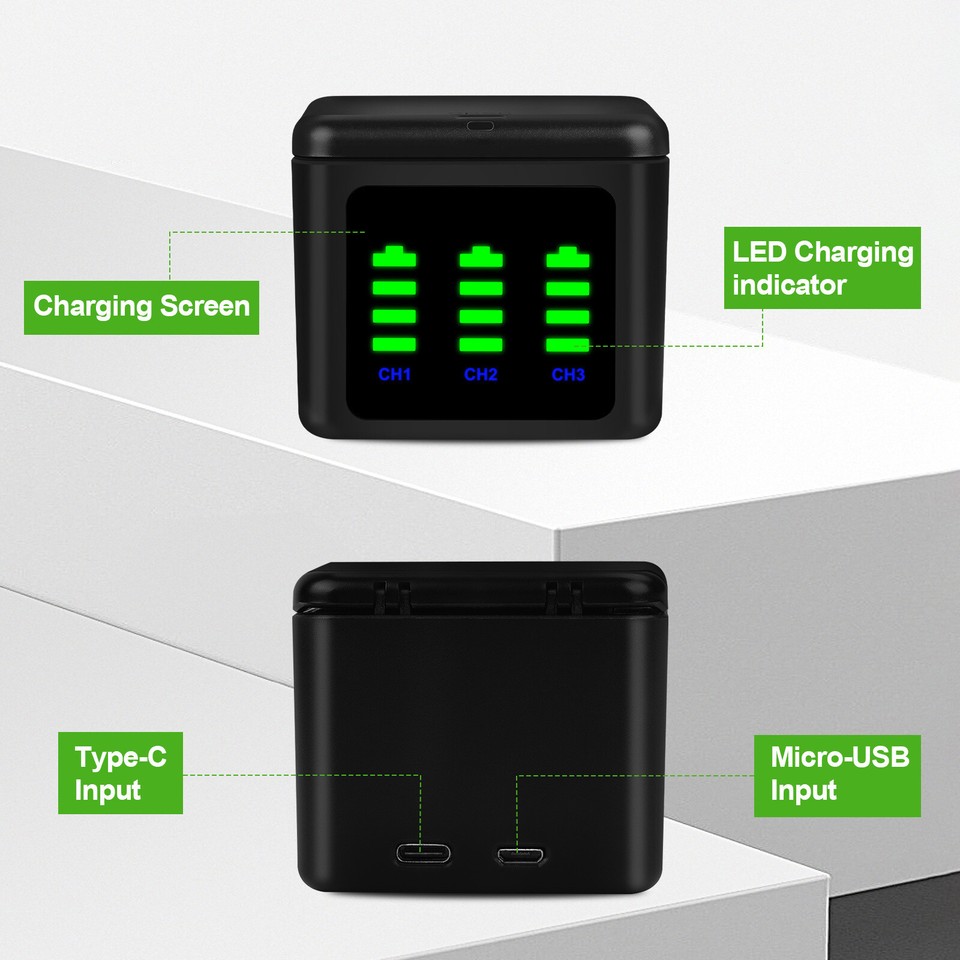 2 Pack Hero 11 Battery & 3-Channel Charger Station for Gopro Hero 11/10 ...