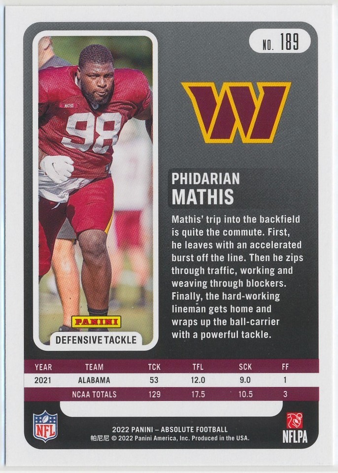 Phidarian Mathis 2022 Panini Absolute Football #189 Washington ...