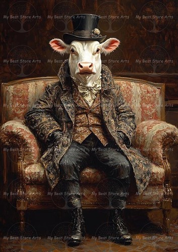 COW ART PRINT, Victorian Gentleman Bull Wall Decor, Animal Fantasy Farm ...