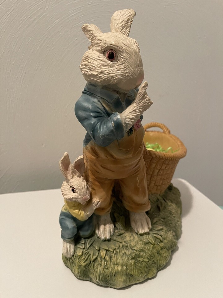 Vintage Chrisdon Bunny Rabbit w/Child & Basket Resin Figurine RARE Shhh ...