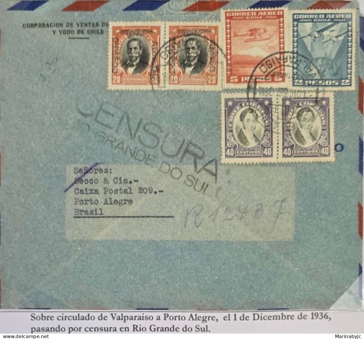 KV) 1936 CHILE, LETTER FROM VALPARAÍSO TO PORTO ALEGRE, BRAZIL, WITH ...